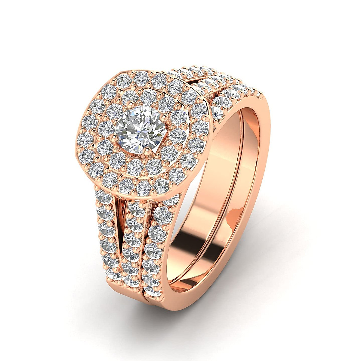 2.00ct Cushion Halo Diamond Engagement Wedding Ring Set 10K Rose Gold (H-I, I2-I3)