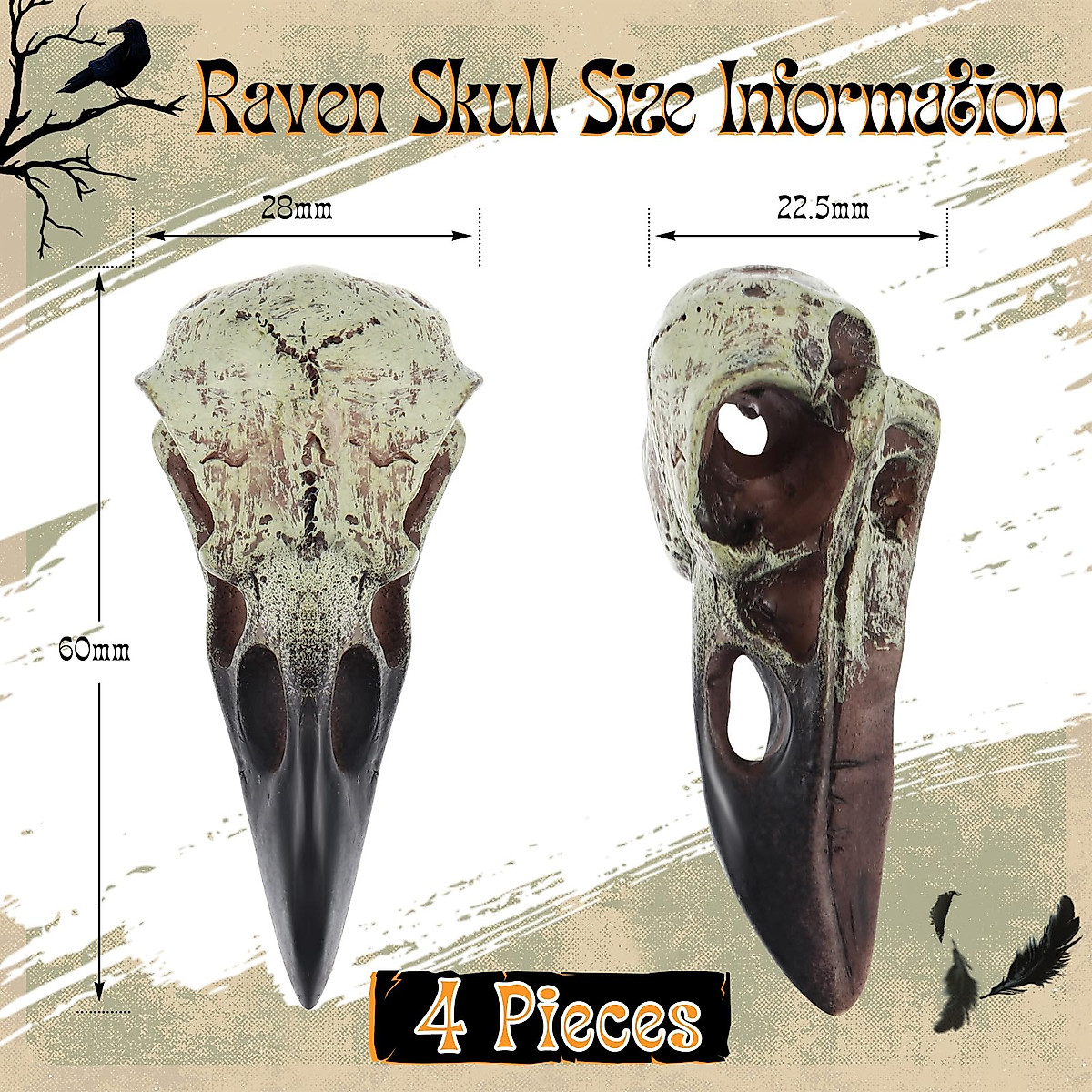 Geetery Halloween Raven Skull Figurine Scavenger Gothic Crow Hanging Wall Sculpture Resin Raven Skull Statue for Home Faux Bird Bone Jewelry Necklace Decor(2.36 Inch,4 Pcs)
