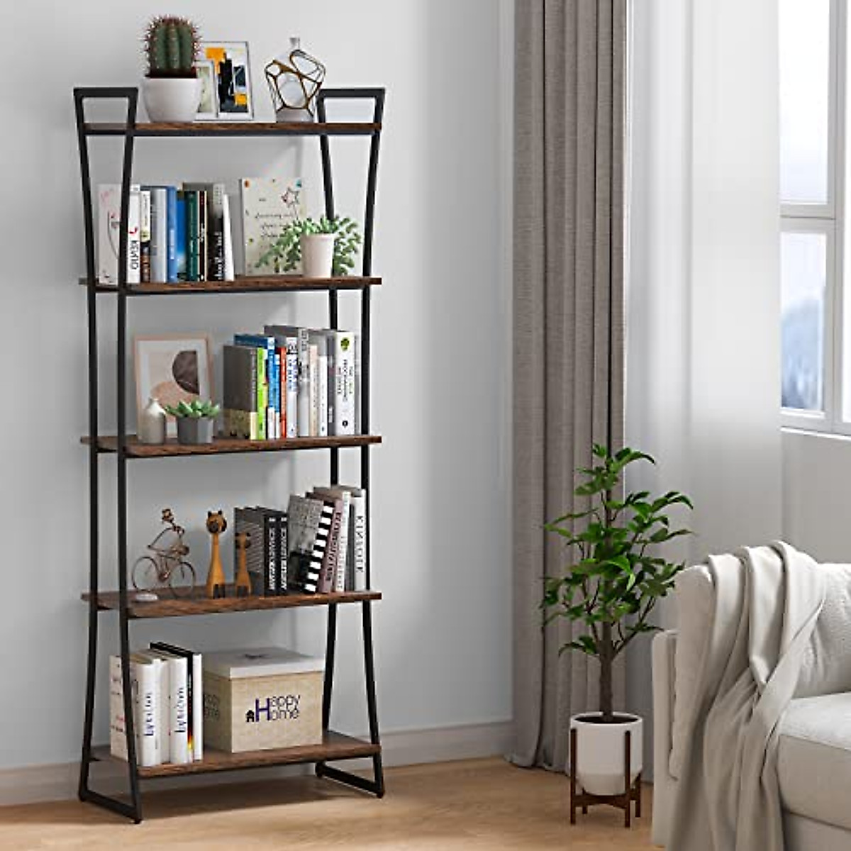 Pabroni Bookshelf Organizer 5-Tier Bookshelf Storage Rack, Rustic Standing Bookcase, Industrial Wood Metal Storage Book Shelves Unit for Home Office, Living Room and Bedroom