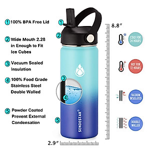 SENDESTAR Stainless Steel Wide Mouth Water Bottle 18oz Double Wall Vacuum Insulated Leak Proof Bottle with New Flex Straw Lid & Spout Lid