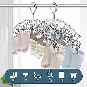Laundry Sock Drying Rack with 20 Clips Windproof Drying Rack Multi-Purpose Stainless Steel Clothespins, ZNREUHATravel Camping Dryer Hanger for Socks, Gloves, Hat, Baby Clothes (2 Pack)