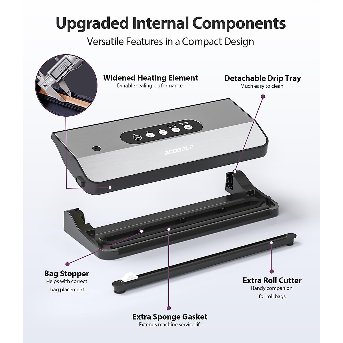 Vacuum Sealer Machine, with 8-in-1 Function& Detachable Tray& Cutter& 10 Bags, Food Vacuum Sealer Saver Machine for Food Storage & Sous Vide,Automatic Sealing Machine,EXT-VAC,Stainless Steel