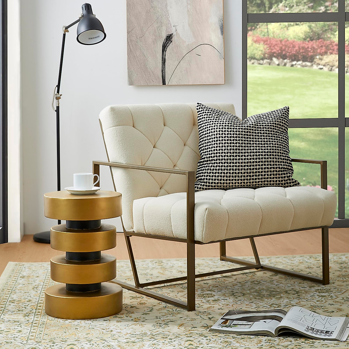 Glitzhome Modern Industrial 12” Dia Round Side Table in Antique Gold Black, Floating Disks Accent Stool End Table for Living Room, Bedroom, Entryway and Small Spaces