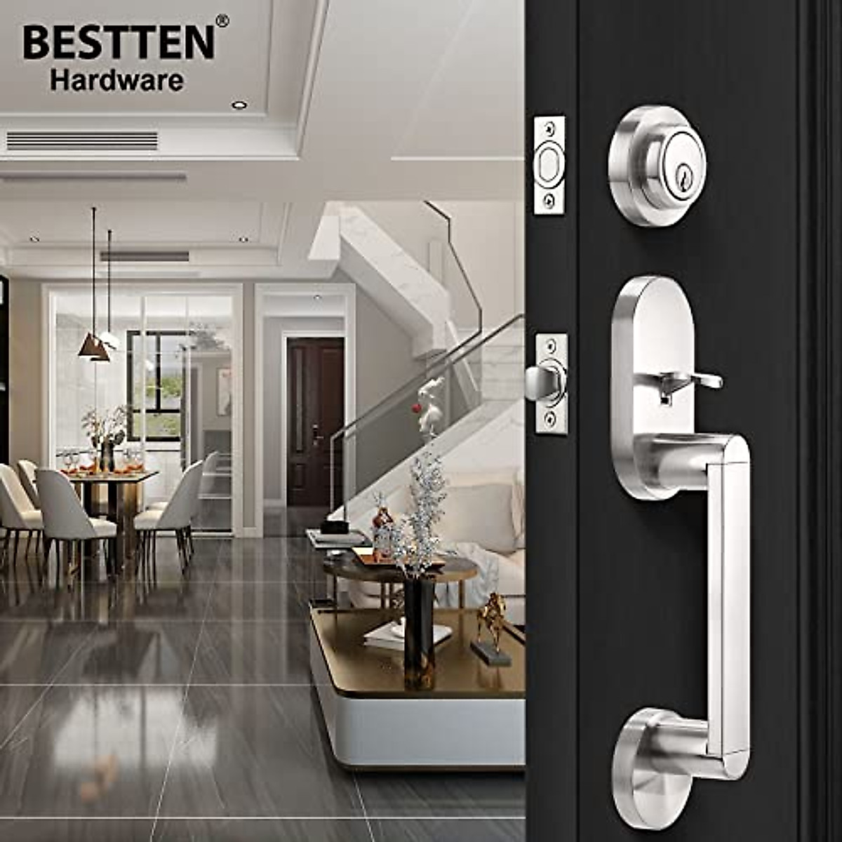 BESTTEN Heavy Duty Front Door Handle Set, Modern Handleset with Single Cylinder Keyed Entry Deadbolt Lock & Door Lever, Reversible for Exterior Doors, Satin Nickel