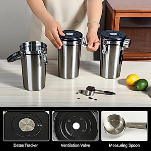 malmo 60oz/1.8L Food Containers 3-Piece, Airtight with Lid, Cups and Date Tracker Containers Set for Tea Coffee Beans Sugar Flour, Stainless Steel Kitchen Pantry Storage Counter, Silver