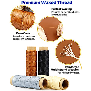 PLANTIONAL 34 PCS Basic Leather Sewing Kit: Upholstery Thread Cord, Leather Waxed Thread with Sewing Awl, Seam Ripper, Tape Measure Large-Eye Stitching Needles for DIY Leather Craft Repair