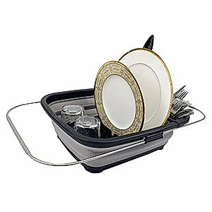 SAMMART 8L (2.11Gallons) Expandable Collapsible Dish Drainer - Foldable Drying Rack - Portable Dinnerware Organizer - Space Saving Kitchen Storage Tray (Black/Alloy Grey)