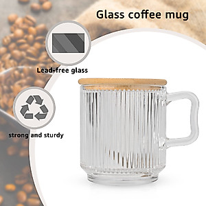 tronco 12 OZ Glass Coffee Mug with Bamboo Lid and Cherry Blossoms Spoon, 2 Pack Classical Vertical Stripes Glass Tea Cup, Coffee Glasses, Pretty Coffee Mug, Ideal for Milk, Latte, Juice, Tea, Water