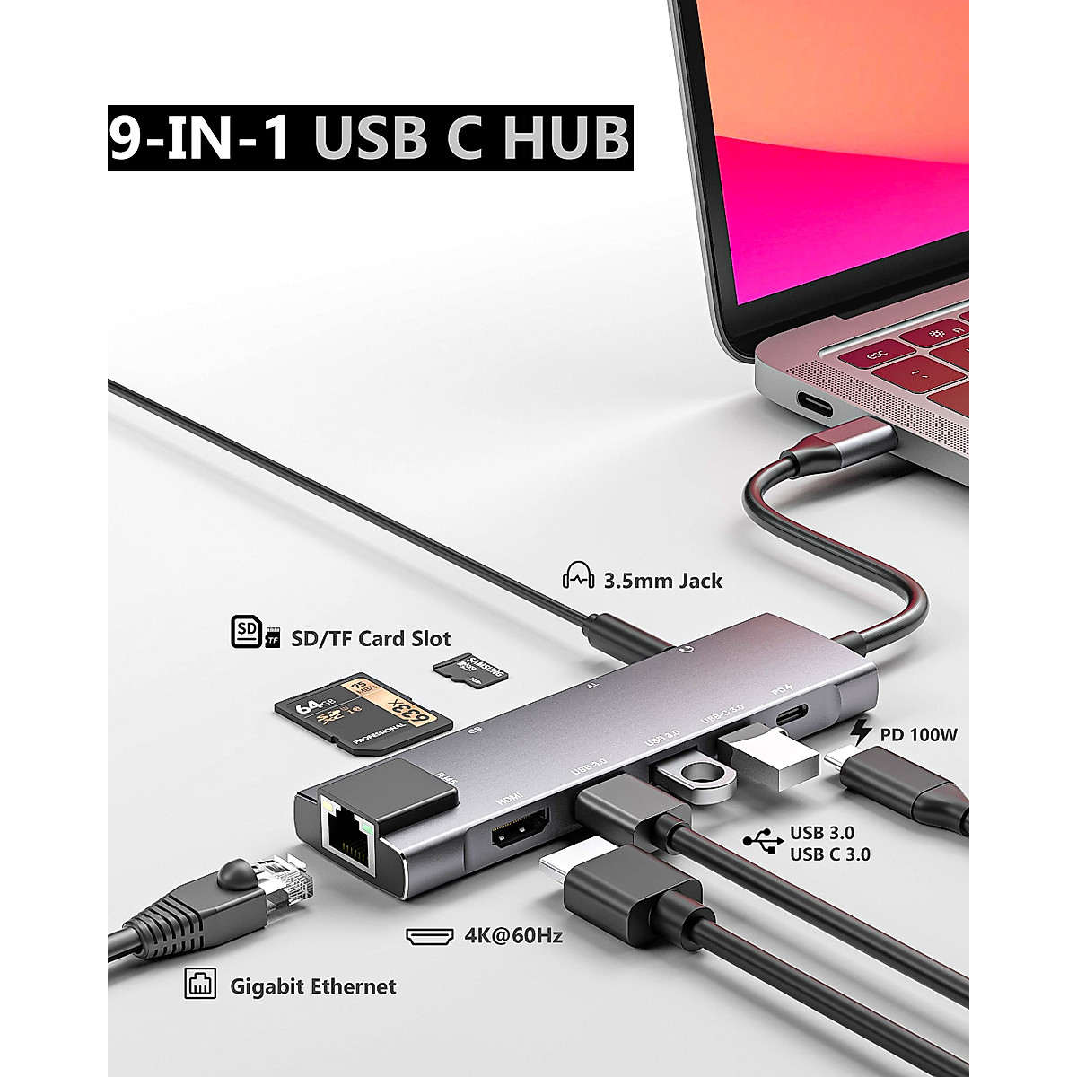 USB C Hub 9 in 1 Multiport Adapter w/Gigabit Ethernet,100W PD,4K@60Hz,2 USB 3.0,USB C 3.0 Data,SD/TF Card Reader,3.5mm Jack,Dongle Docking Station for MacBook iPad Pro iPhone 15 Steam Deck/Rog Ally