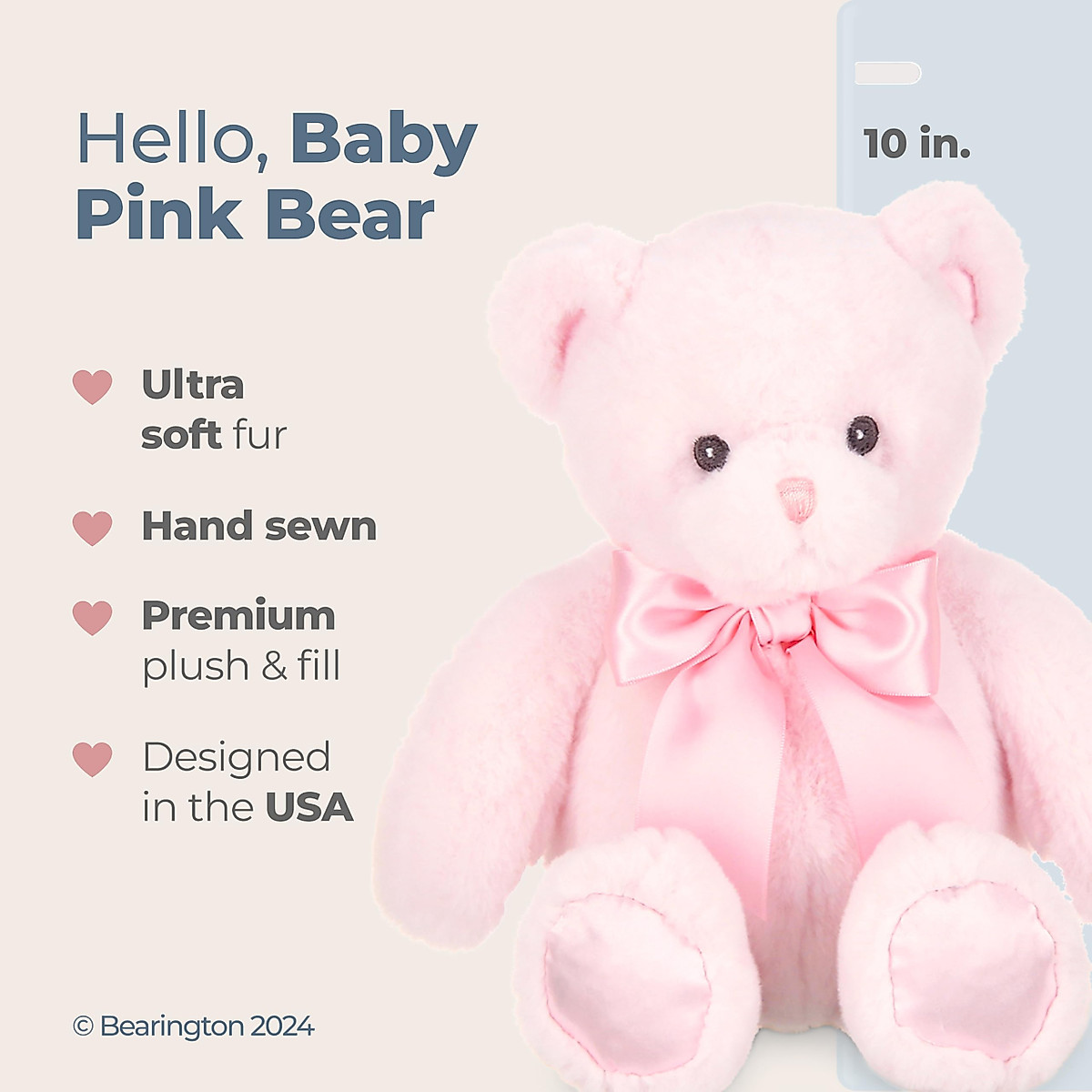 Bearington Baby Pink Teddy Bear Plush, 10 Inch Stuffed Animal for Girls