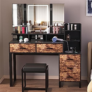 PAKASEPT Makeup Vanity with Tri-fold Makeup Mirror, Vanity Desk with 3-Color Adjustable Touch Light, Charging Station, Vanity Table with Nightstand,5 Drawers, Storage Shelves&Cushioned Stool, Black
