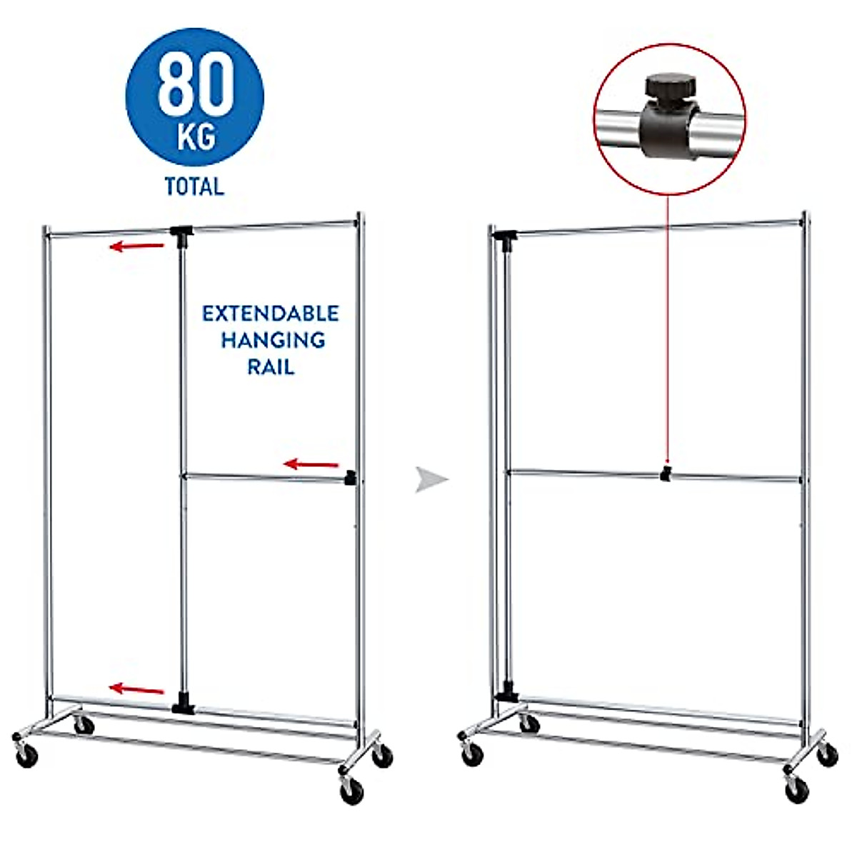 Tatkraft Marvel Heavy Duty Adjustable Clothes Rack on Wheels, Rolling Double Rod Garment Rack, Chromed Steel