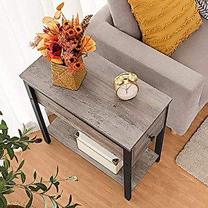 HOOBRO Side Table, 2-Tier Nightstand with Drawer, Narrow End Table for Small Spaces, Stable and Sturdy Construction, Wood Look Accent Furniture with Metal Frame, Greige and Black BG04BZ01
