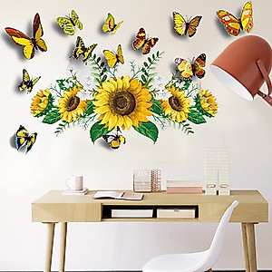 Sunflower Wall Stickers with 3D Butterfly Wall Sticker, Yellow Flowers Wall Decal,SPRT Waterproof and Removable, Sunflower Wall Stickers,Wall Stickers for Bedroom Living Room Bathroom Decor