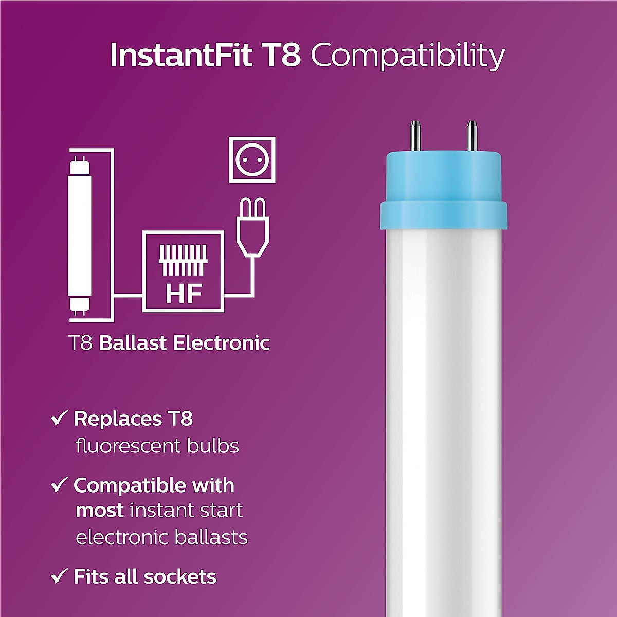 Philips LED InstantFit 4-Foot T8 Tube Light Bulb 1800-Lumen, Cool White (4000K), 16W=32W, Medium Bi-Pin G13 Base, 8-Pack