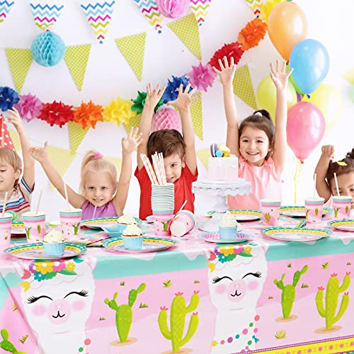 WERNNSAI Llama Table Cover - 108'' x 54'' Party Disposable Plastic Tablecloth Alpaca Lama Party Supplies for Kids Girls Pink Birthday Party Decorations