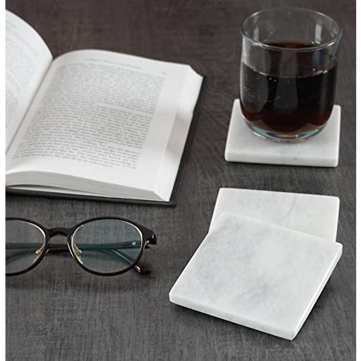 Coaster Set of 6 White Handmade Marble 3.5 Inch Bar Drink Cup Pad, Coffee Mug Square Coasters Set for Kitchen - Ideal Pot Drinks Tea Absorbent Coaster Plates