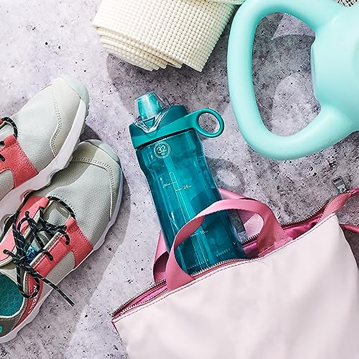 Pogo 32oz Plastic Resuable Water Bottle 2-Pack with Chug Lid and Carry Handle, BPA Free, Sport and Travel Friendly, Dishwasher Safe, Aquaviva/Pink Satin