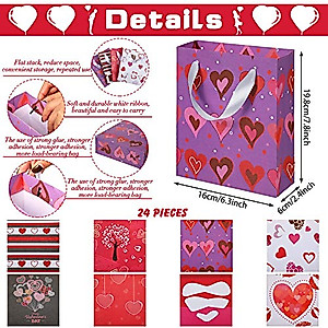24 Pieces Valentines Paper Bags Kraft Party Hearts Bags with White Ribbon for Valentines Day Galentines Day Anniversary, 7.9 x 6.3 x 2.4 Inch/ 20 x 16 x 10 cm,8 Styles