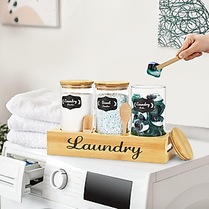 GADFISH Laundry Pods Container, Laundry Detergent Container for Laundry Detergent Pods, Powder, Scent Booster, Stain Remover, Laundry Room Organization - 3 Pack (with Wooden Tray & Spoon, Tong, Scoop)