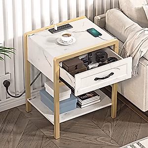 IDEALHOUSE Nightstand, White and Gold Night Stand with Charging Station, Side Table Bedside Table with Drawer, End Table with Storage Shelf for Bedroom, Living Room, Dorm (White(1 Pack))