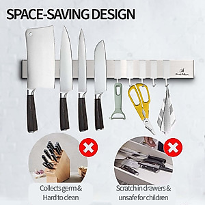 16 Inch Heavy Duty Kitchen Knife Magnetic Strip with Additional 5 Hooks-Multipurpose Stainless Steel Magnetic Tools, Knife & Utensil Holder- Strong Magnetic Knife Holders for Wall No Drill required