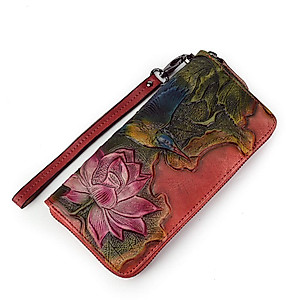 NASTASSA Wallets for Women Embossed Flower Handmade Leather Wallet Cell Phone Clutch Holder Purse (Red)