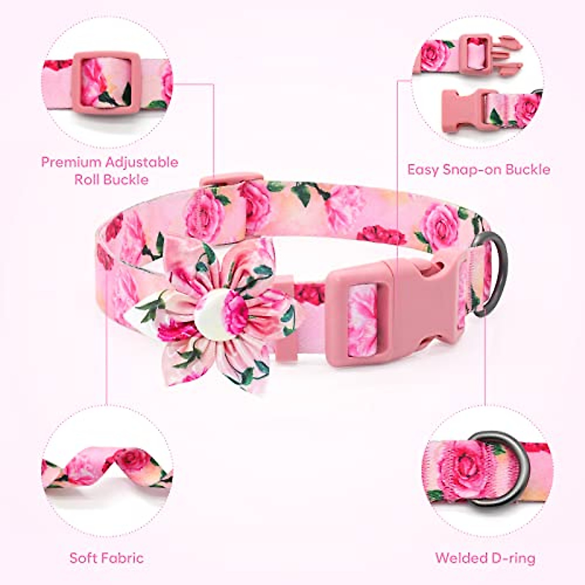 Pink Dog Collar Floral Girl Dog Collar with Rose Flower Bow Tie Dog Collar for Cute Girl Female Cats Dogs Spring Summer Season Dog Collar for Puppy Small Medium Large Dogs Best Gift for Your Furbaby