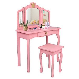 VALUE BOX Kids Vanity Table and Chair Set, 2 in 1 Princess Makeup Dressing Table with Drawer & Tri-Folding Mirror, Child Pretend Beauty Play Vanity Set for Girls