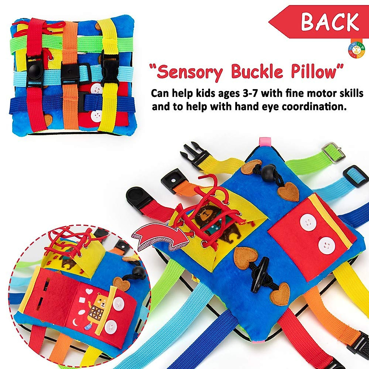 teytoy Sensory Buckle Pillow for Toddler Children Learning Fine Motor Skill & Problem Solving Buckles Educational, Montessori Fidgets Travel Toy for Kids Plush Threading Counting Zipper-12 Basic Skill