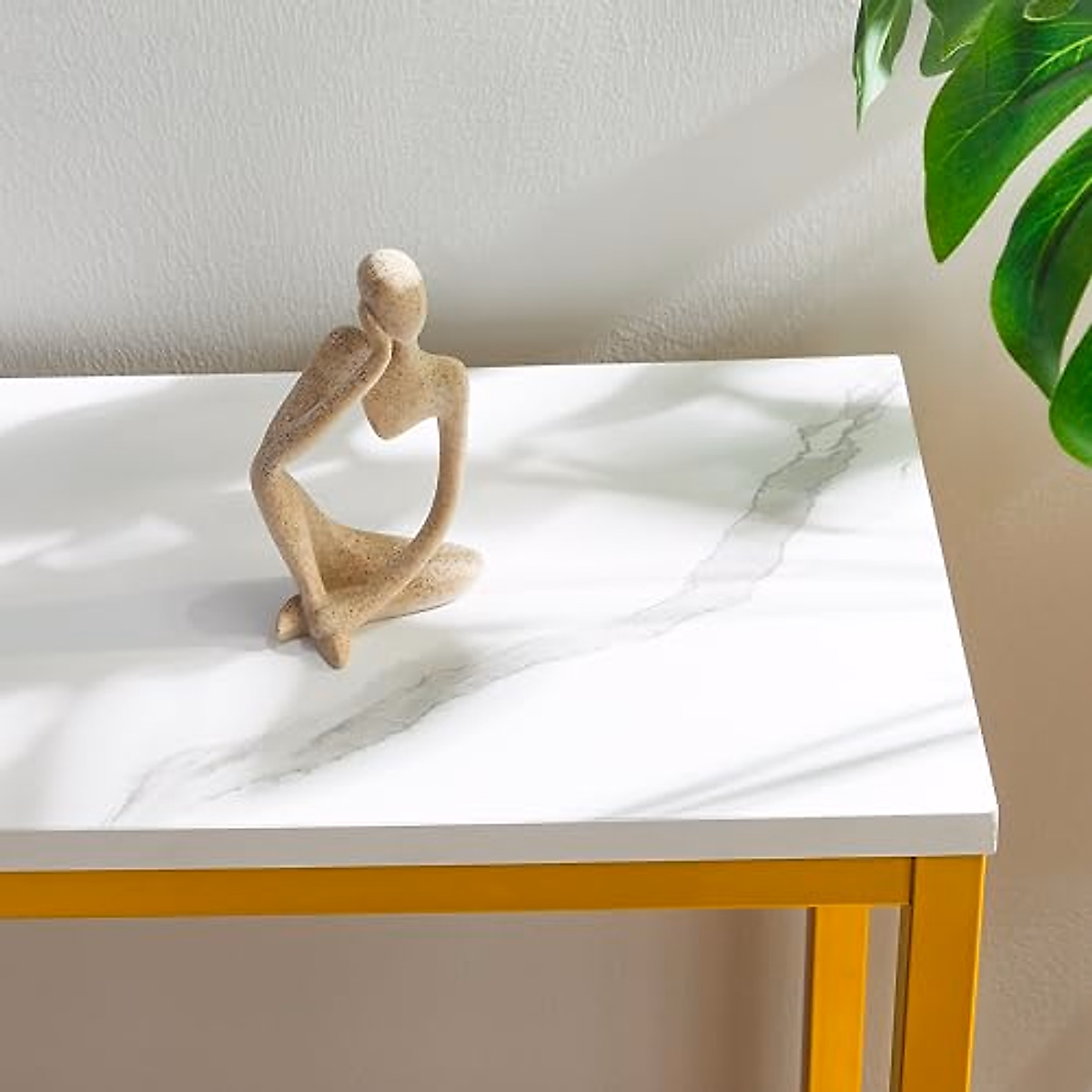 ELYKEN 5.9" Narrow Console Sofa Table with Power Outlets and USB Port, 5.9" Dx39.4 Wx31.1 H Marble Texture Skinny Couch Table with Bright Yellow Metal Frame