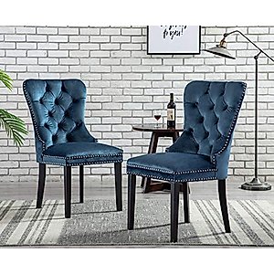 ZHENGHAO Dining Chairs Set of 2, Velvet Upholstered Armless Dining Room Chairs with Wooden Legs, Modern Nailhead Trim Wingback Accent Chair with Ring Pull for Kitchen Bedroom Restaurant, Navy Blue