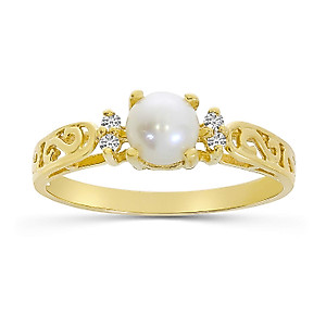 Direct-Jewelry 14k Yellow Gold Freshwater Cultured Pearl And Diamond Filagree Ring (Size 7)