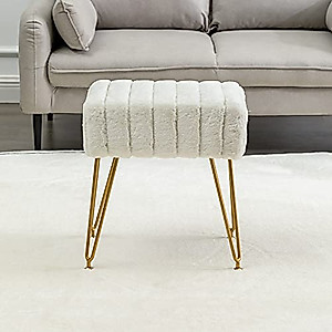 Modern Mink Square Footstool Ottoman Bench, White Faux Fur Vanity Stool with Gold Legs, Comfy Vanity Chair Entryway Bench, Makeup Stools for Vanity, Plush Fluffy Footrest for Bedroom, Living Room