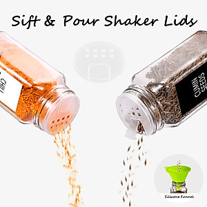 24 Spice Jars with 547 Labels - Glass Spice Jars with Shaker Lids - 4 Oz Square Spice Containers with Acacia Wood Lids, Chalk Pen, Funnel- Churboro Seasoning Jars for Spice Rack, Cabinet, or Drawer