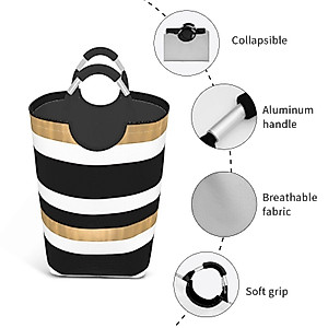 Large Laundry Hamper Bag, Modern Black White and Gold Striped Laundry Basket Collapsible Dirty Clothes Storage Washing Bin for Bathroom, Dorm Essentials