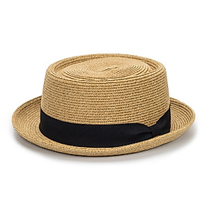 Pork-Pie-Hat-for-Men-Women Straw-Boater-Hat - Classic Boater Derby Sun Hats with Grosgrain Band Khaki