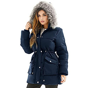 poonyfesh Women's Winter Hooded Coat Waterproof Down Long Jacket Warm Parka Thicken Puffer Coat with Removable Fur Hood Navy 3XL