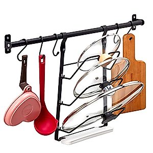 EZOWare Hanging Pot Lid Organizer Holder Rack with Drainboard Set, Includes 23.6 inch Kitchen Wall Mounted Rail Rod with 5 S Hooks for Utensils Pots Pans Lids - Black