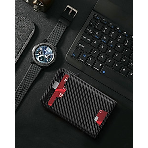 typecase Mens Wallet Card Holder: Pop Up Card Case, Genuine Leather, RFID Blocking, Smart, Slim, Minimalist, Thin - 13 Card Capacitiy, ID Window, Cash Strap (Carbon Fiber)