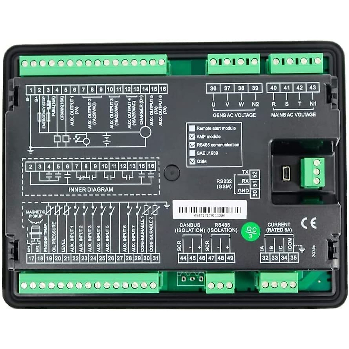 YFYIQI Automatic Start/Stop Engine Set Controller Genset Controller with SMS Function Silicon Panel Pushbuttons RS485 Communication Port Frequency 50/60Hz