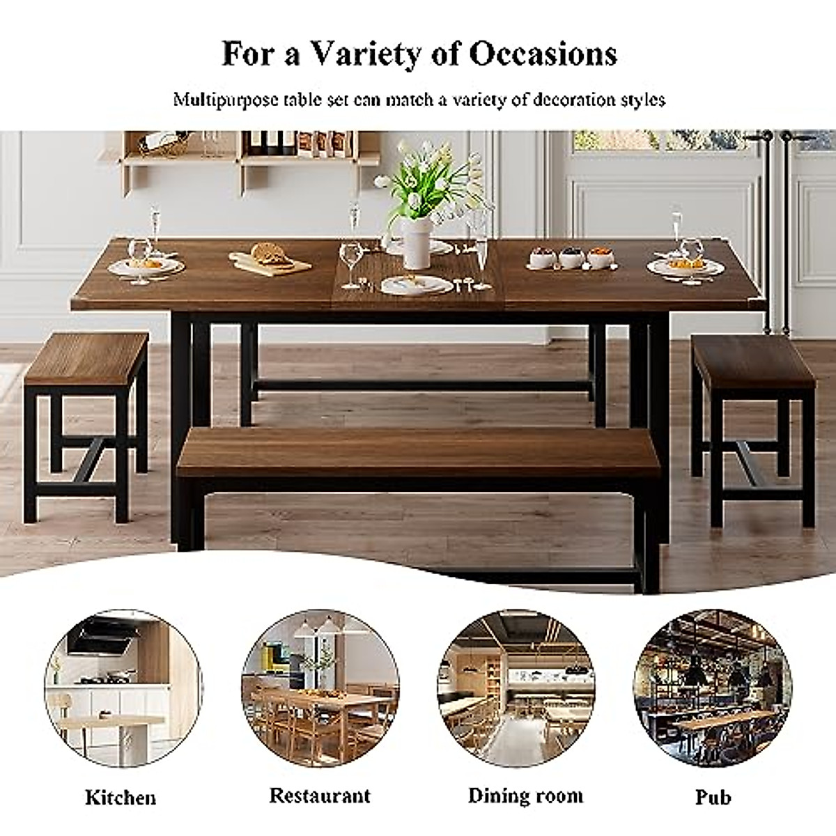 Feonase 5-Piece Dining Table Set for 6-10 People, 63" Large Extendable Kitchen Table Set with 2 Benches and 2 Square Stools, Dining Room Table with MDF Wood Board, Easy Assembly, Walnut