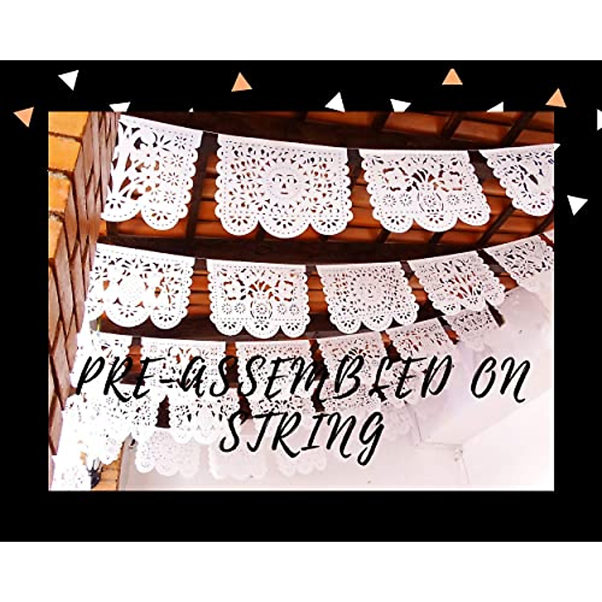 Mexican Party Decorations, 5 Pk White Papel Picado Banner Over 83 Feet long, For Wedding decorations, quinceañeras, birthdays, Mexican PAPER 50 Wedding Flags on string WS93