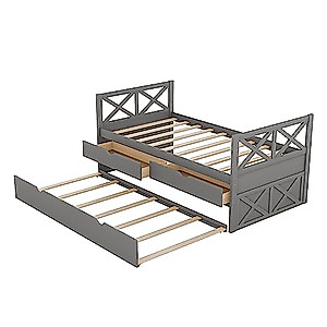 DEYOBED Twin Size Daybed with 2 Storage Drawers and Trundle, Solid Wood Twin Captains Bed Frame for Bedroom and Living Room, Gray