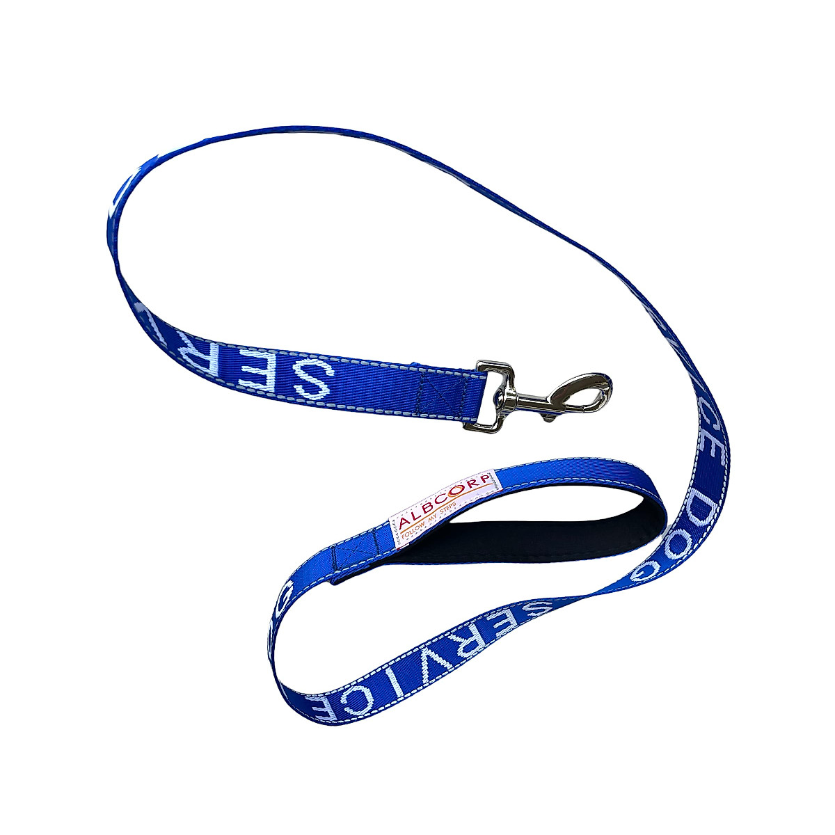 Albcorp Service Dog Leash - Embroidered- with Padded Neoprene Handle and Reflective Threads, 4 Feet, for Harnesses, Vests or Collars. Blue
