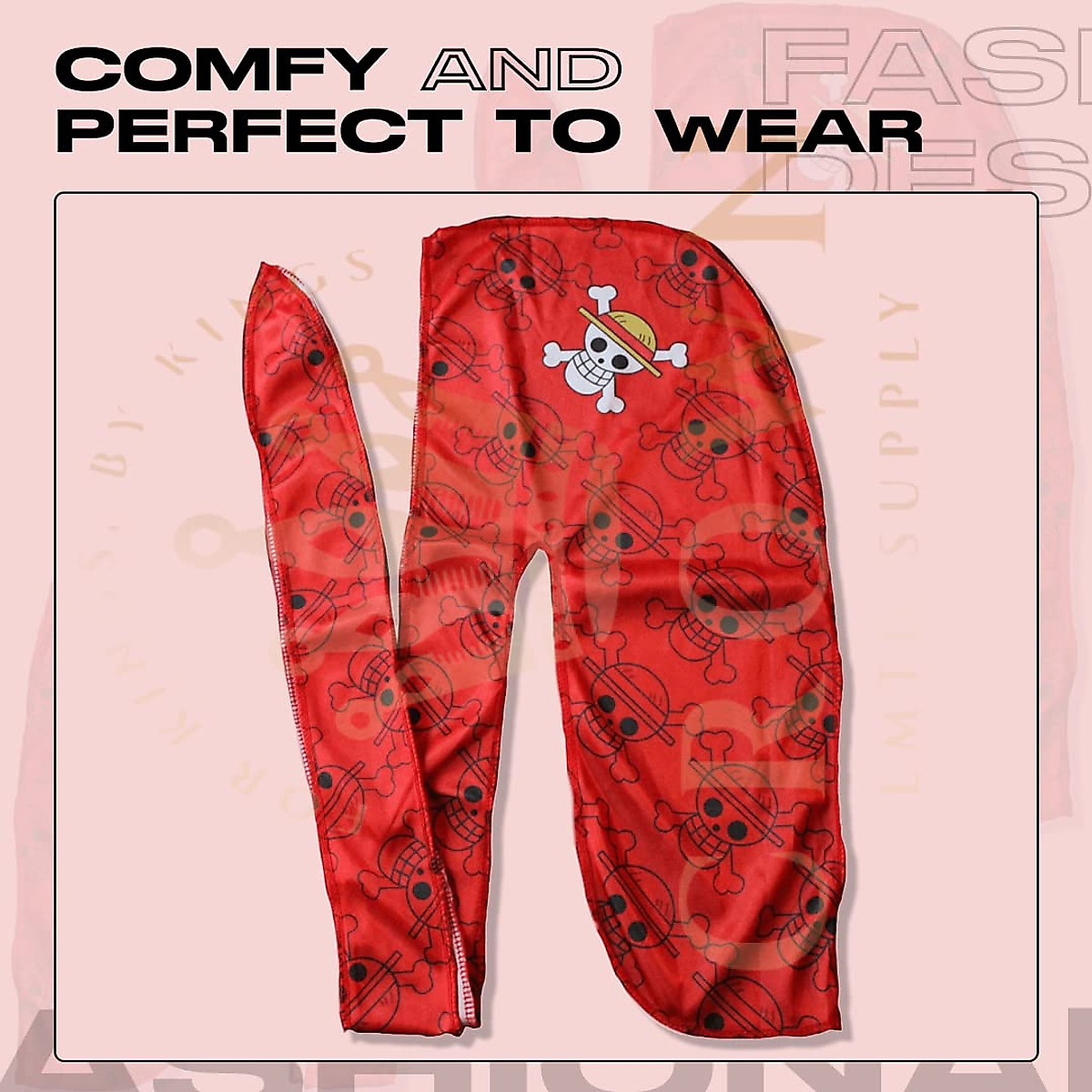 CROWN Art Silky Design Durag - Silky 360 Wave Du Rag with Long Tails and Quadruple Stitching - Smooth Silk Fabric for Comfort and Compression (Red OP)