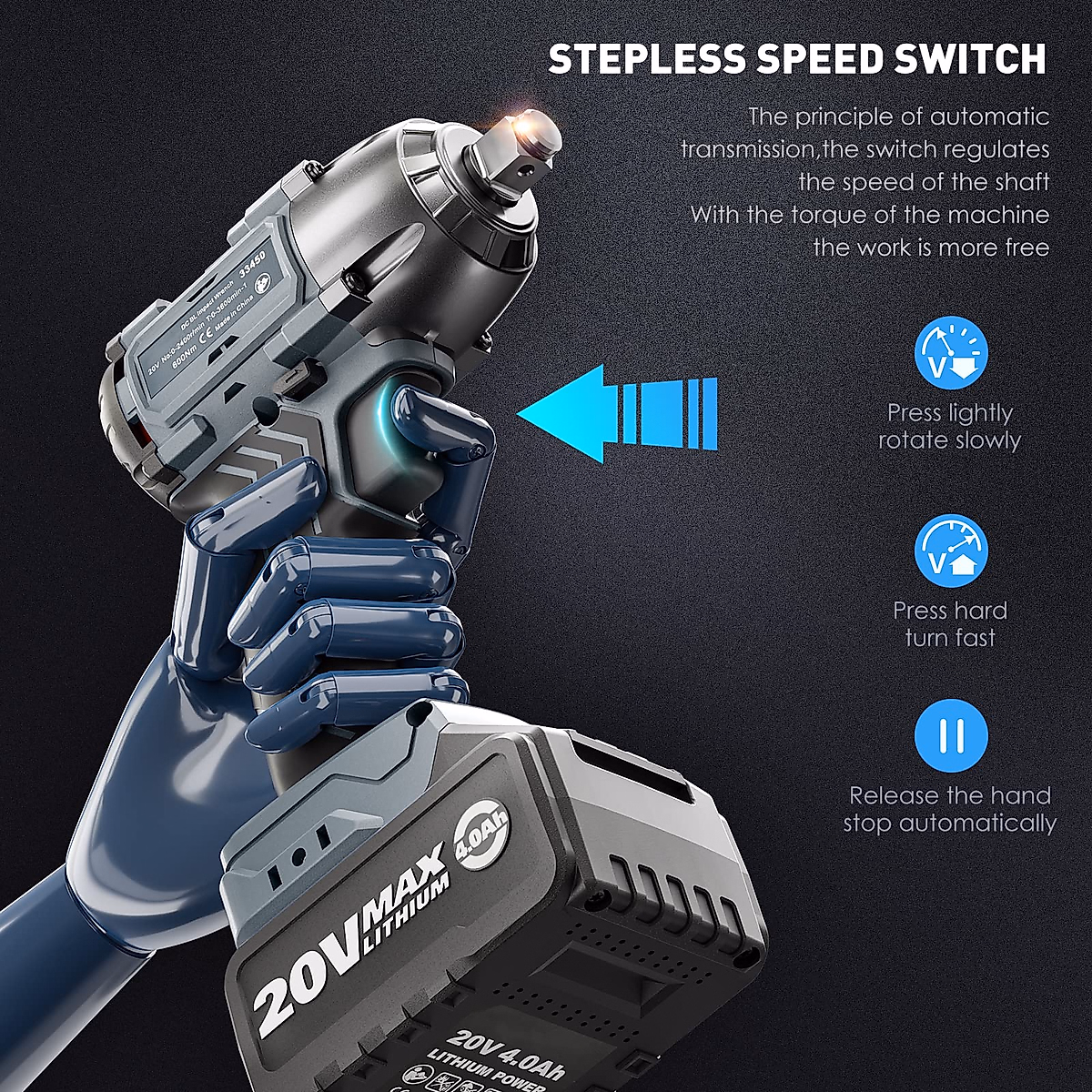 WSSEY 1/2 Inch Cordless Impact Wrench with 4.0Ah Battery, 4000mAh Capacity, 2800-2300 RPM Speeds, Ergonomic Handle, LED Work Light, Metal Hook for Hanging