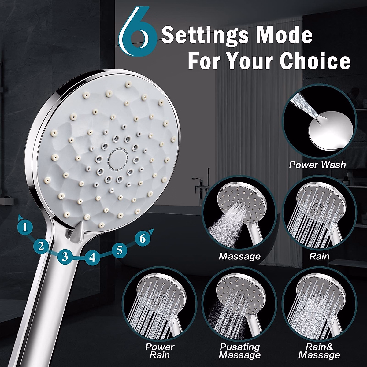 PinWin Shower Head, Upgraded Dual Rain Shower Head with Adjustable Extension Arm, 6-Setting Handheld Combo, Powerful High-Pressure Spray Against Low Pressure Water (12-Inch Showerhead Set, Chrome)