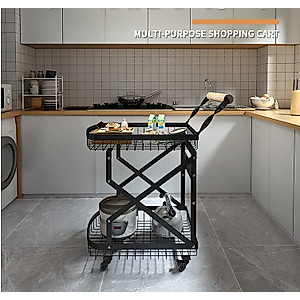 CYJZWOH Multi Use Functional Collapsible Carts, 2-Tier Metal Mobile Folding Trolley Shopping Cart, with Wooden Handle, Lockable Wheels for Office, Living Room, Kitchen, Picnic(Black)