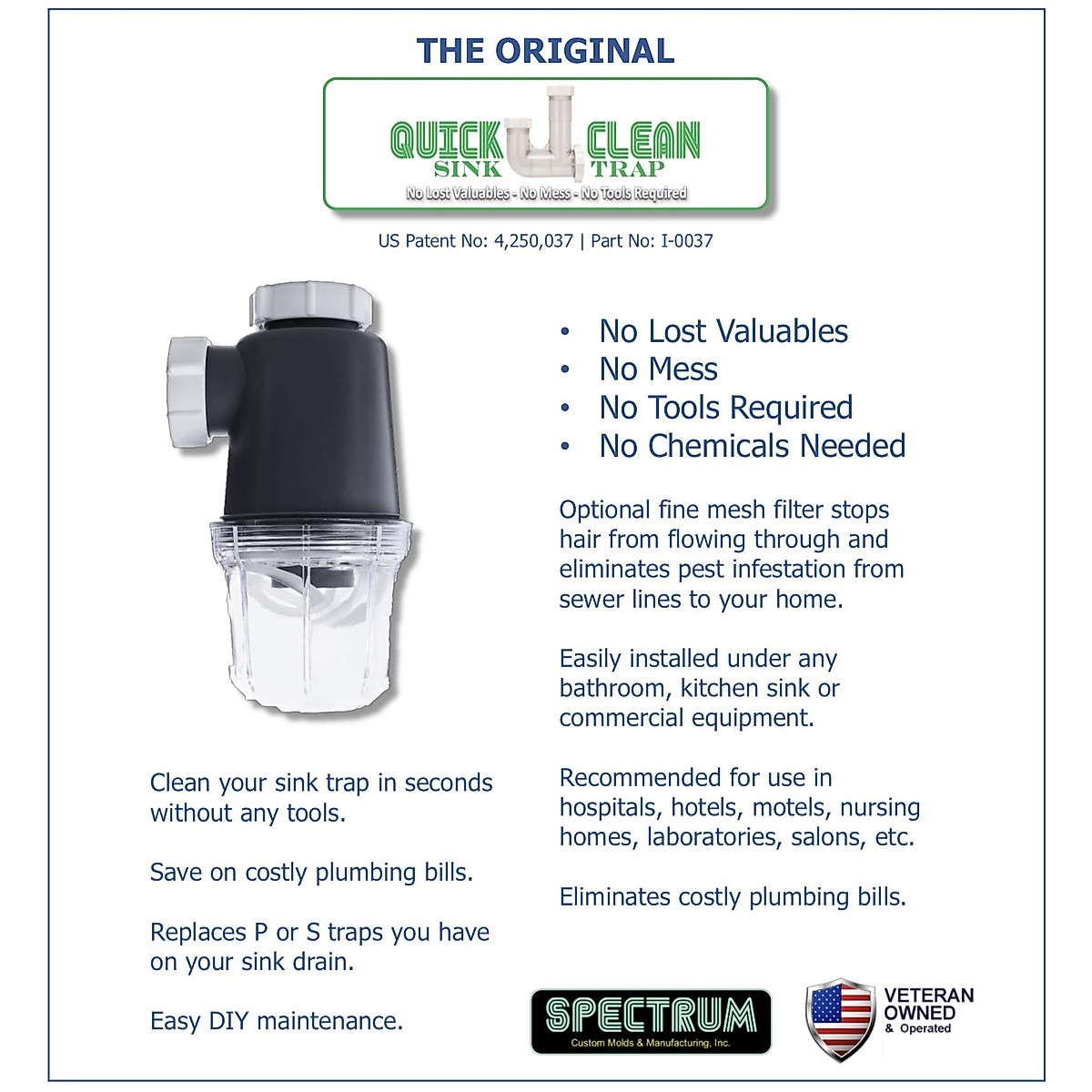 Quick Clean Sink Trap - Industrial - 1 1/2" & 1 1/4" P-Trap Replacement Upgrade | Jewelry Catcher | DIY Unclog Your Drain | No Tools Required | Bathroom/Salon Hair Catcher | Solution for Service Calls